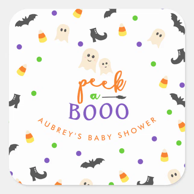 Peek a Boo Halloween themed Baby shower Square Sticker | Zazzle