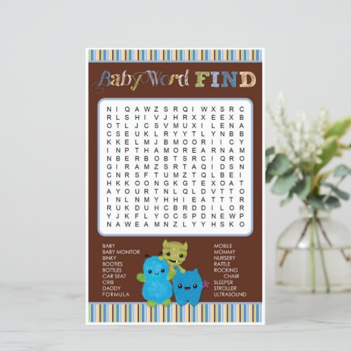 Peek a Boo Monsters Baby Shower Game Word Find | Zazzle
