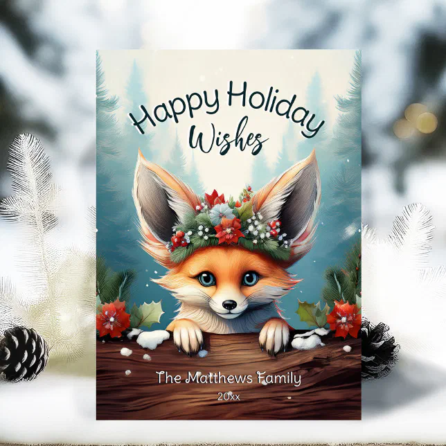 Peeking Fennec Fox Snowing Woodland Forest Happy Holiday Card | Zazzle