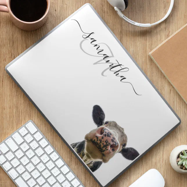 Peeking Sneaky Cow Personalized Monogram HP Laptop Skin | Zazzle