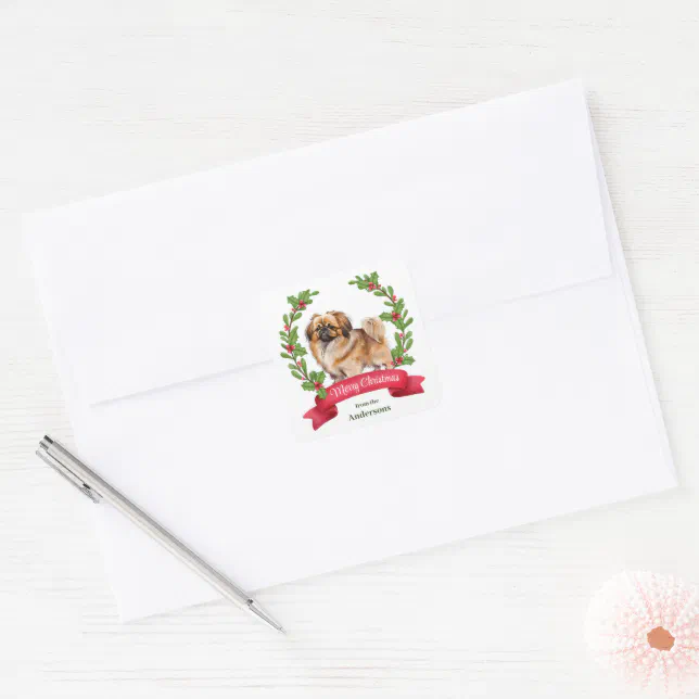 Pekingese Dog Holly Banner Christmas Square Sticker | Zazzle