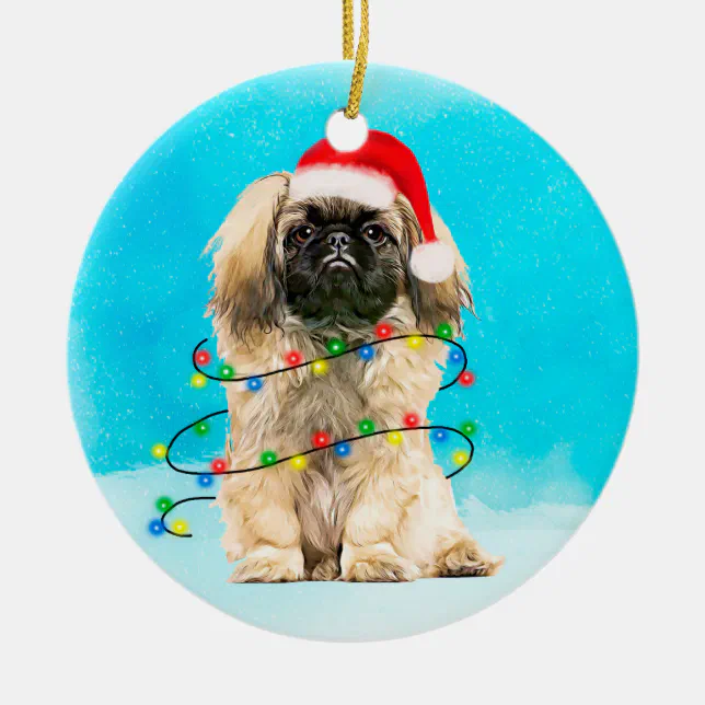 Pekingese Dog Sitting In Snow Christmas Hat Lights Ceramic Ornament ...
