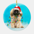 Pekingese Dog Sitting In Snow Christmas Hat Lights Ceramic Ornament ...