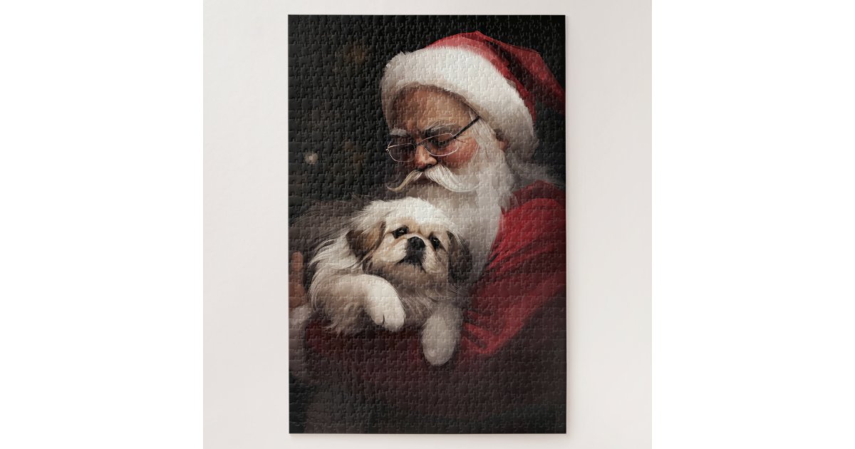 Pekingese With Santa Claus Festive Christmas Jigsaw Puzzle | Zazzle