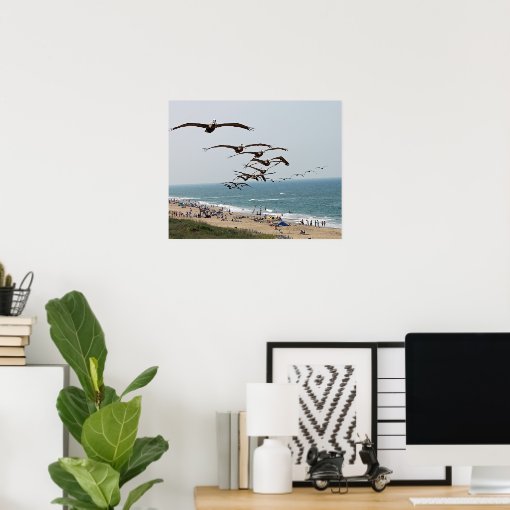 Pelican Bird Gang flying over OBX beach Poster | Zazzle