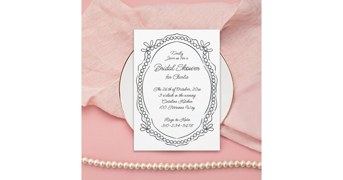 Pen and Ink Ribbons and Pearls Alt Text Invitation | Zazzle