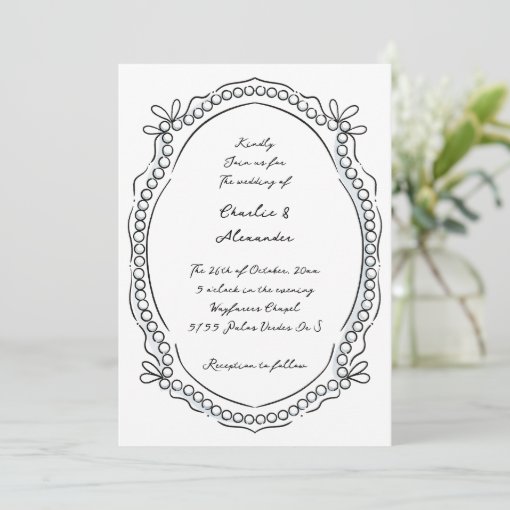 Pen and Ink Ribbons and Pearls Wedding Invitation | Zazzle