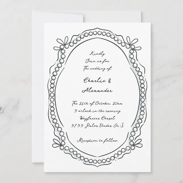 Pen and Ink Ribbons and Pearls Wedding Invitation | Zazzle