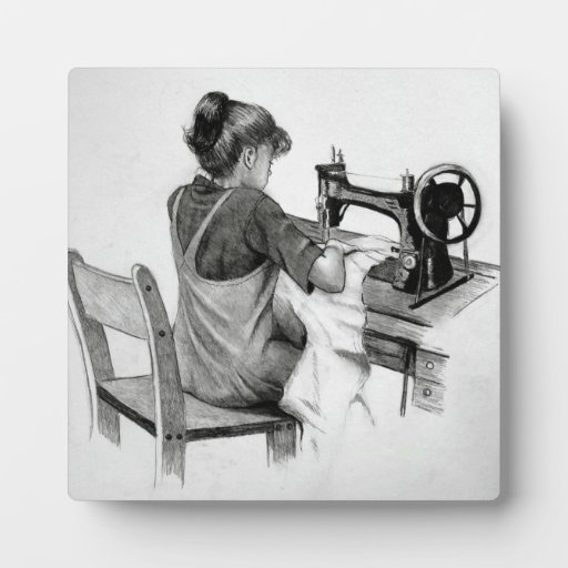 Pencil Drawing: Girl Sewing On Old Sewing Machine Plaque | Zazzle