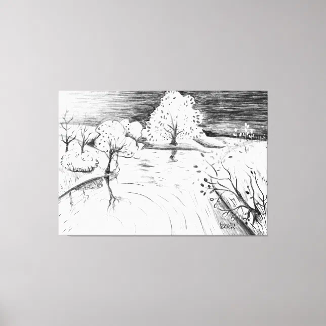 Pencil drawing relaxing nature scene trees river canvas print | Zazzle