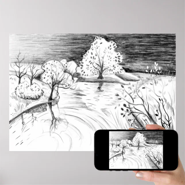 Pencil drawing relaxing nature scene trees river poster | Zazzle