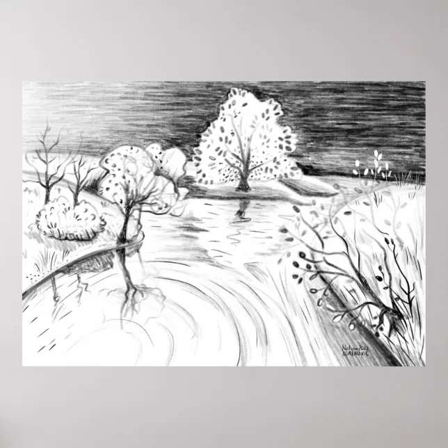 Pencil drawing relaxing nature scene trees river poster | Zazzle