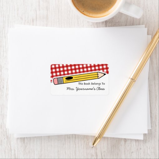 Pencil & Red Gingham School Book Label | Zazzle