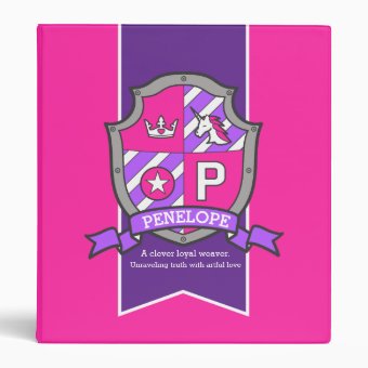 Penelope name meaning knight shield P letter pink 3 Ring Binder | Zazzle