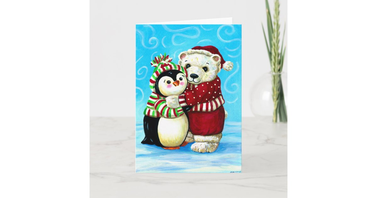 Penguin and polar bear Christmas Holiday Card | Zazzle