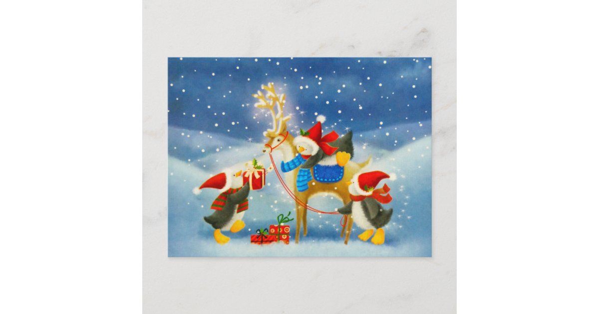 Penguin and Reindeer Postcard | Zazzle