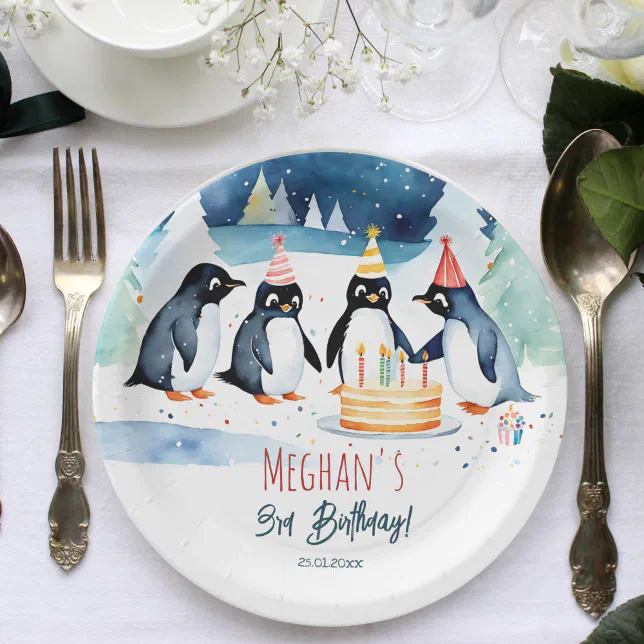 Penguin arctic winter birthday template paper plates | Zazzle