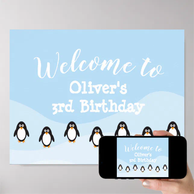 Penguin birthday welcome sign poster - large | Zazzle