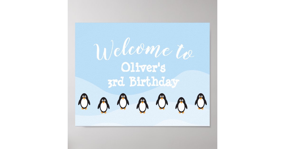 Penguin birthday welcome sign poster - large | Zazzle