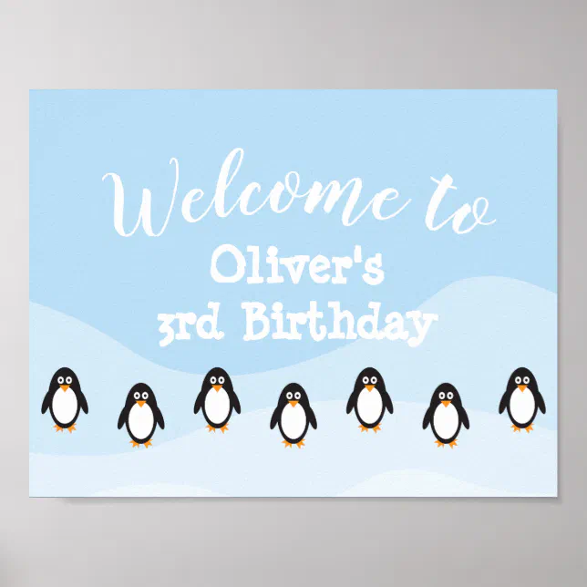 Penguin birthday welcome sign poster - large | Zazzle