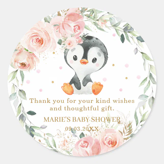 Penguin Blush Floral Baby Shower Birthday Party Classic Round Sticker ...