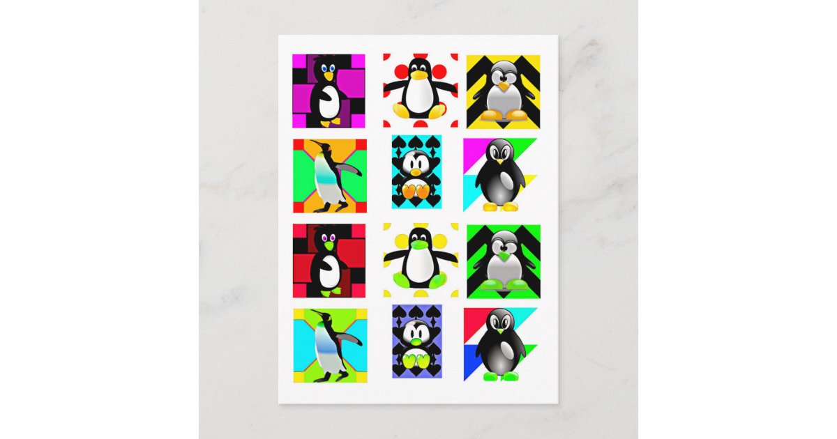Penguin Cartoon Birds Abstract Art Collage Postcard | Zazzle