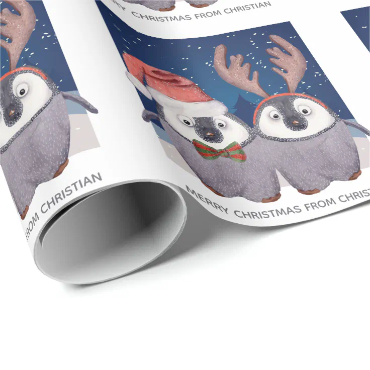 Penguin Couple Cute Christmas Santa and Reindeer Wrapping Paper | Zazzle