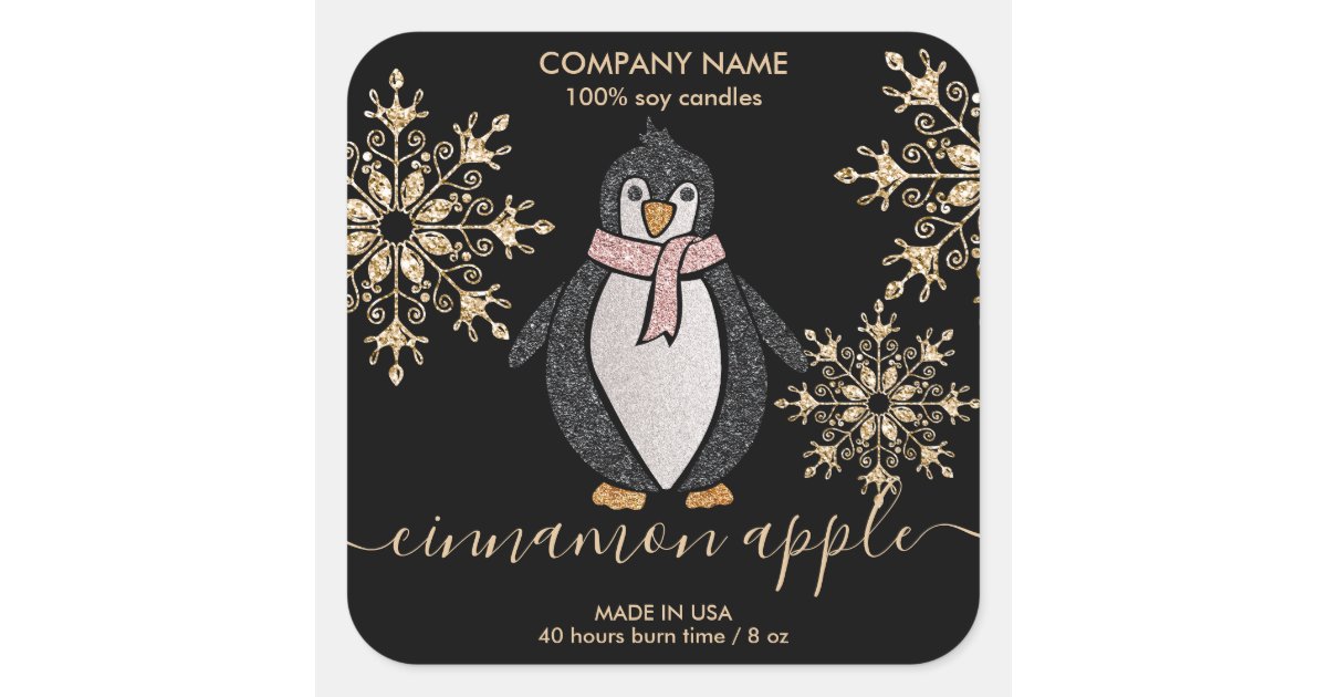 Penguin Glitter Christmas Snow Winter Square Sticker | Zazzle
