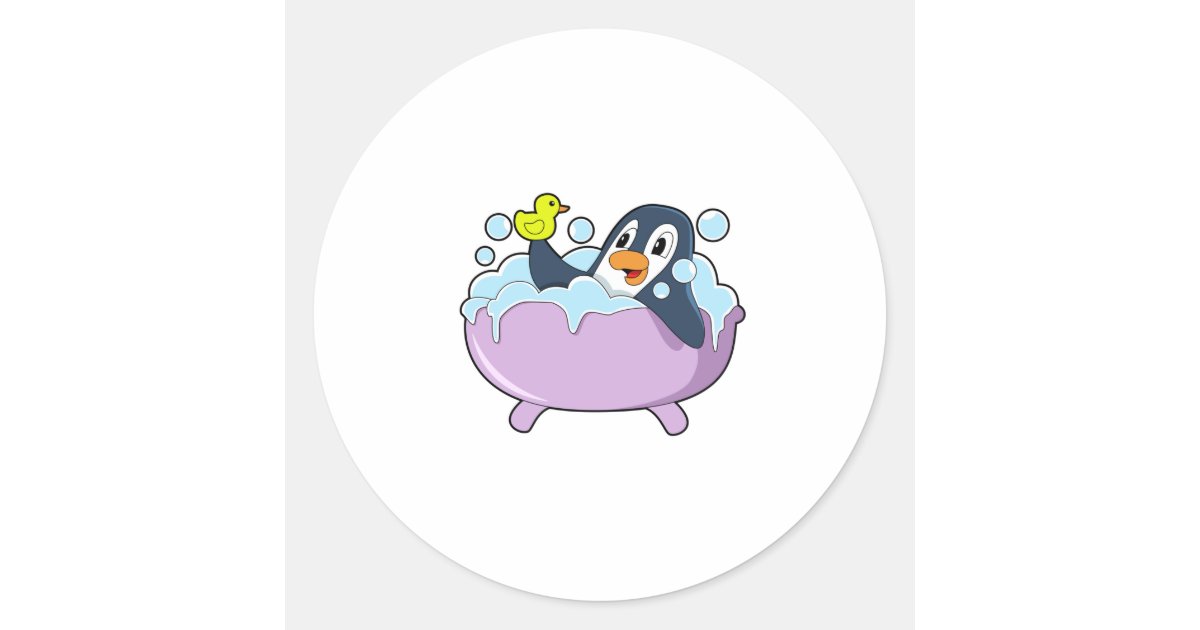 Penguin in Bathtub with Duck Classic Round Sticker | Zazzle