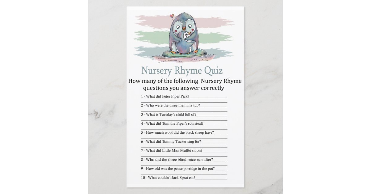 Penguin Nursery Rhyme Quiz baby shower game | Zazzle