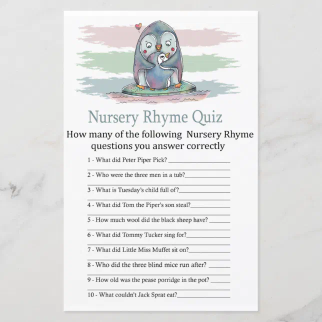 Penguin Nursery Rhyme Quiz baby shower game | Zazzle