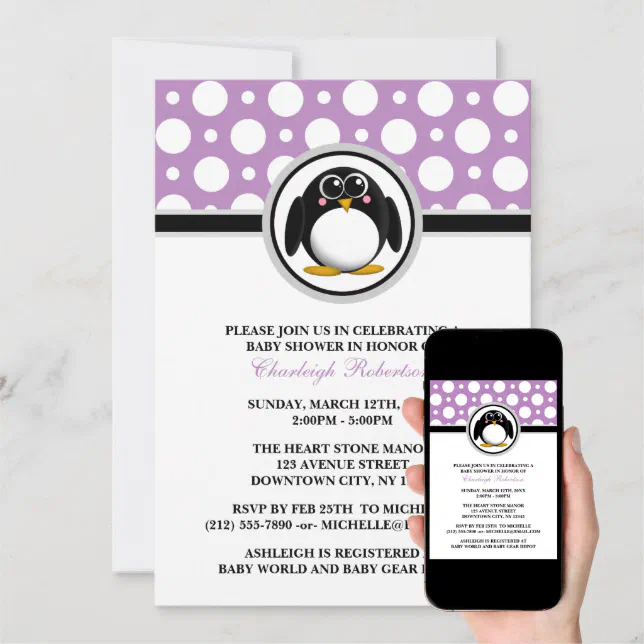 Penguin Purple Polka Dot Baby Shower Invitations | Zazzle
