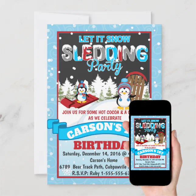 Penguin Sledding Birthday Party Invitation | Zazzle