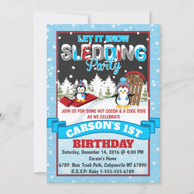 Penguin Sledding Birthday Party Invitation | Zazzle