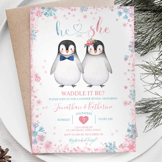 Penguin Waddle it be? He or She Gender Reveal Invitation | Zazzle