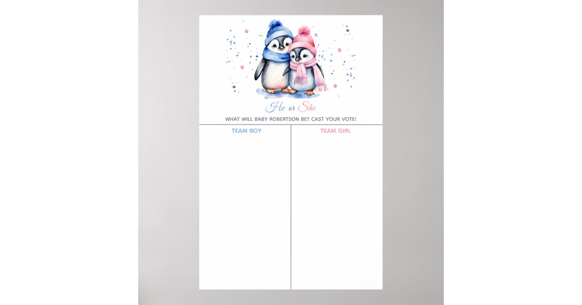 Penguin Winter Gender Reveal Cast Your Vote Game Poster | Zazzle