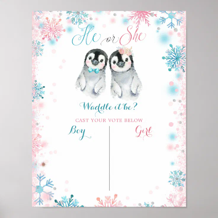 Penguin Winter Gender Reveal Voting Board Poster | Zazzle