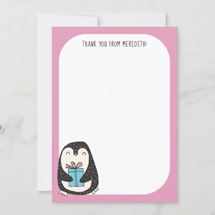 Penguin with a Present Flat Panel Thank You Card | Zazzle