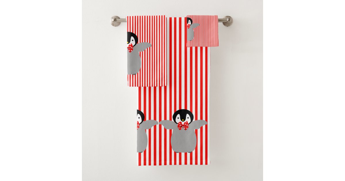 Penguins with Red Polka Dot Ties on Red Stripes Bath Towel Set | Zazzle