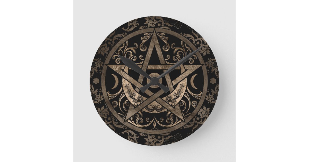 Pentagram Ornament - Gold and Black Round Clock | Zazzle