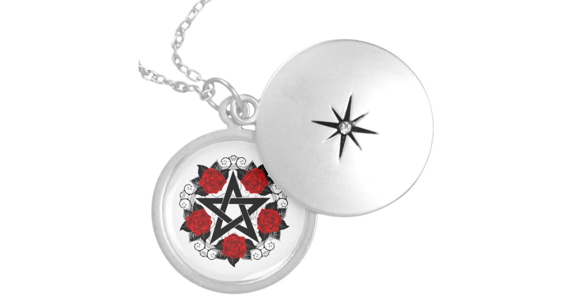 Pentagram with Red Roses Locket Necklace | Zazzle