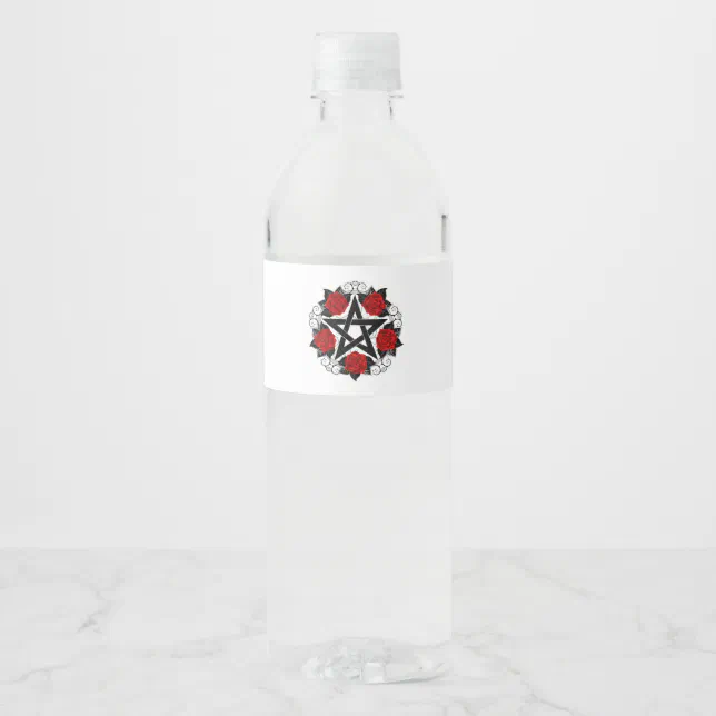 Pentagram with Red Roses Water Bottle Label | Zazzle