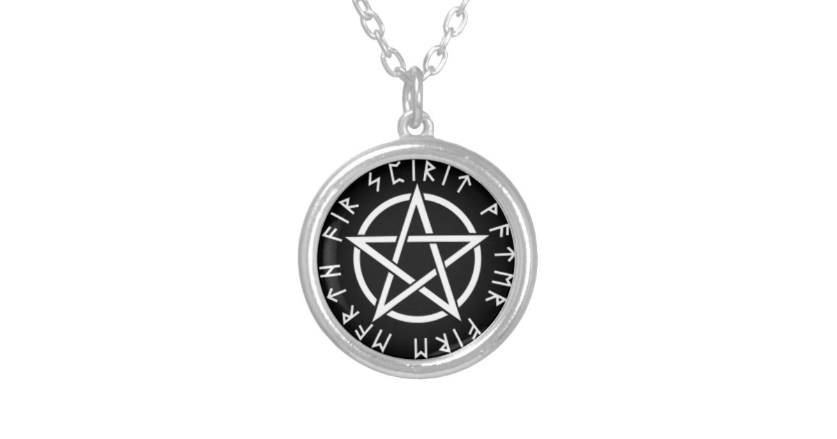 Pentagram with runes silver plated necklace | Zazzle