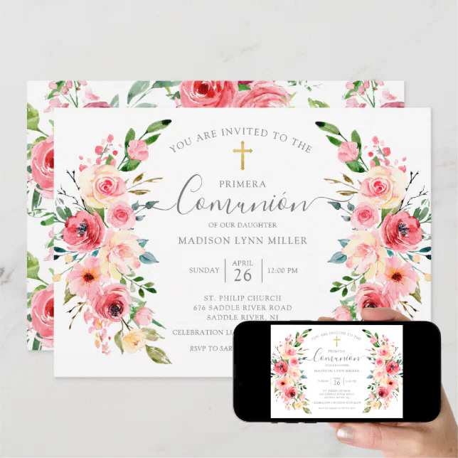 Peonies Floral Spanish First Communion Invitation | Zazzle