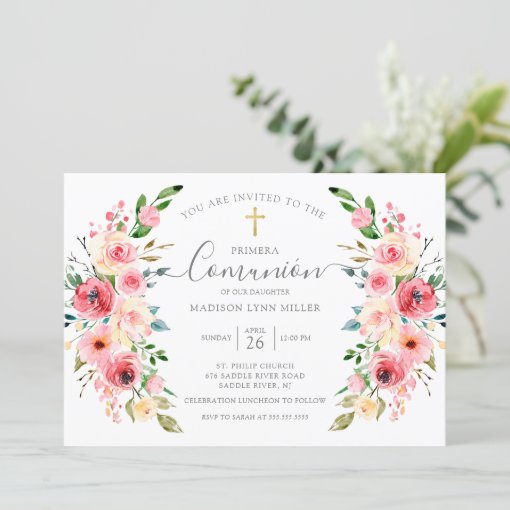 Peonies Floral Spanish First Communion Invitation | Zazzle