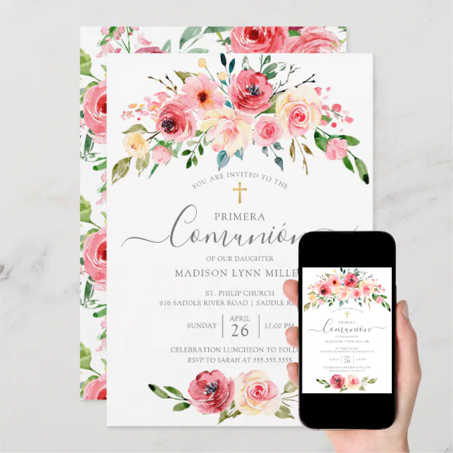 Peonies Floral Spanish First Communion Invitation | Zazzle