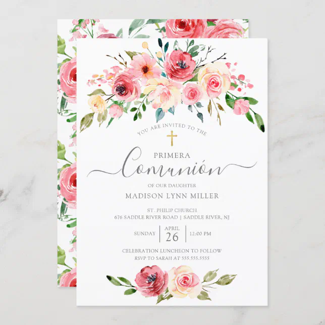 Peonies Floral Spanish First Communion Invitation | Zazzle