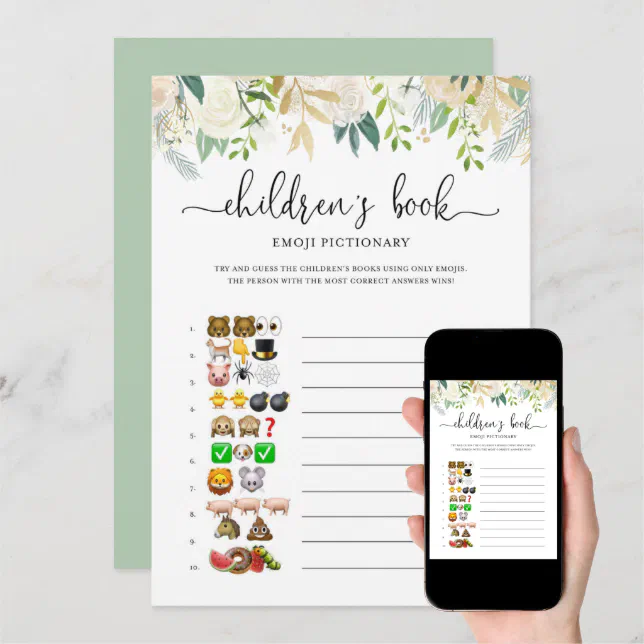 Peonies Gold Emoji Pictionary Baby Shower Game Invitation | Zazzle