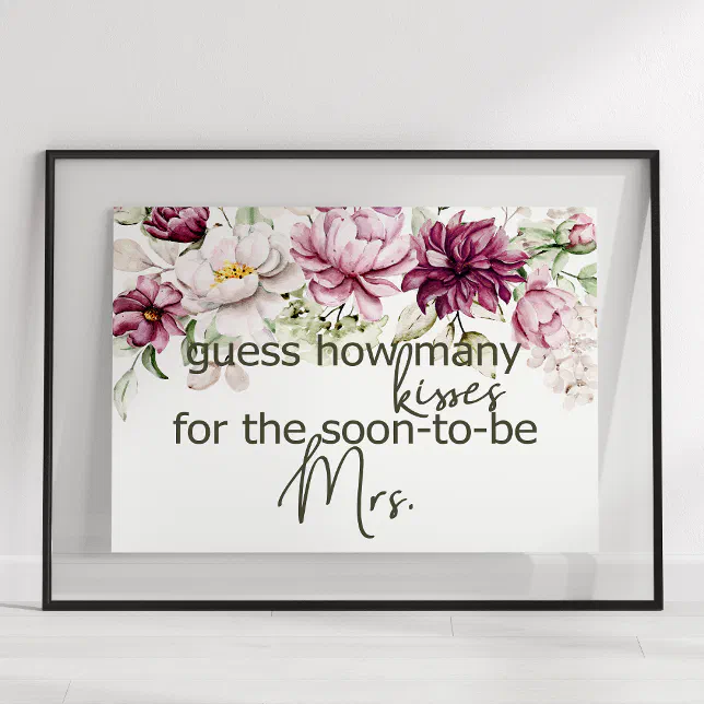Peonies Pink Burgundy Guess How Many Kisses Game Poster | Zazzle