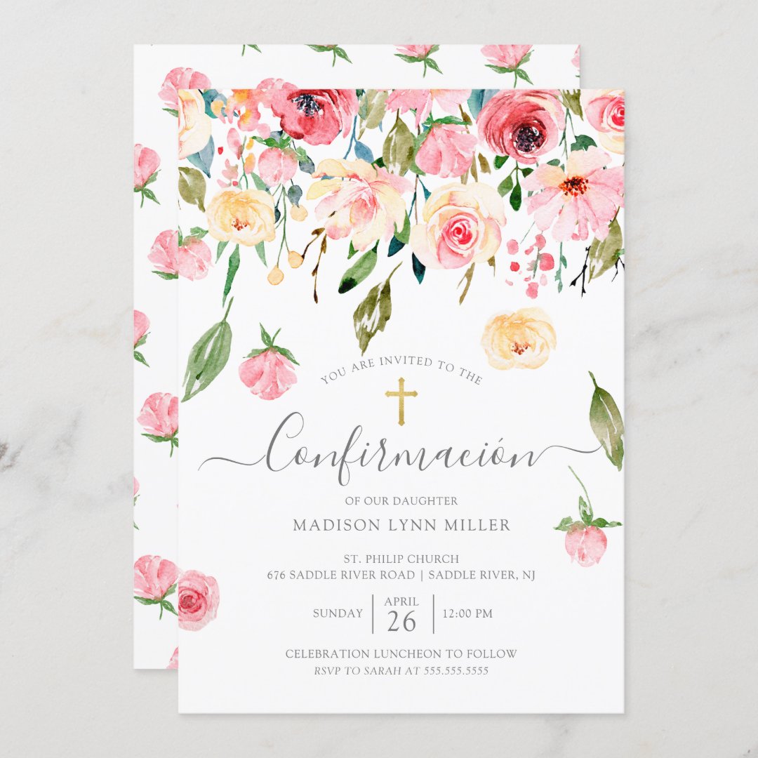 Peonies Rose Spanish Confirmation Invitation | Zazzle